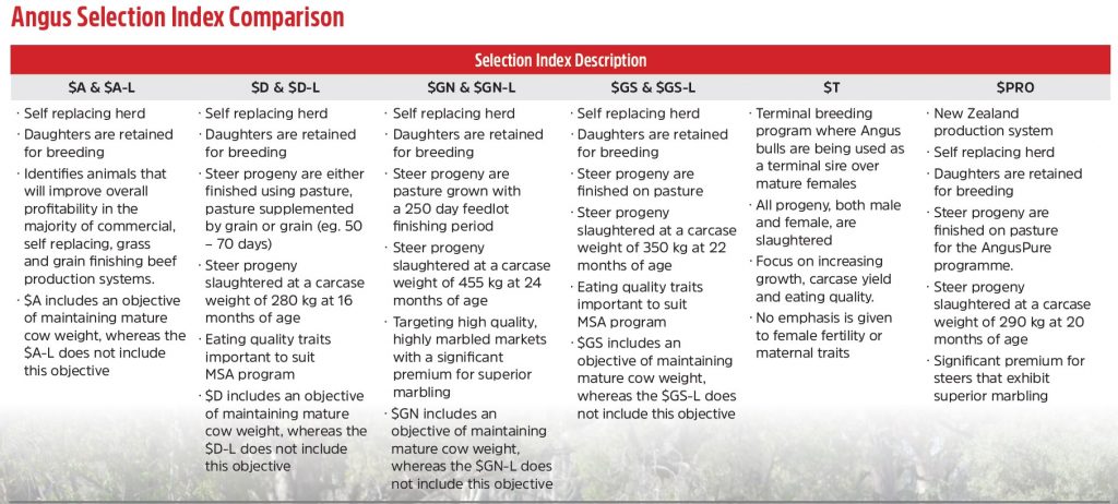 Selection Index Comparison - Angus Australia